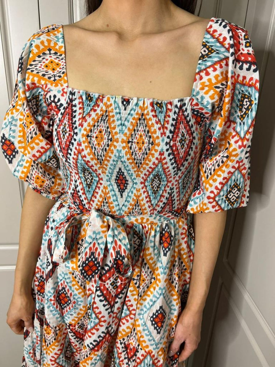 "HONOUR" Aztec Dress - Sustainable Organic Dress UK. Aztec Block Print